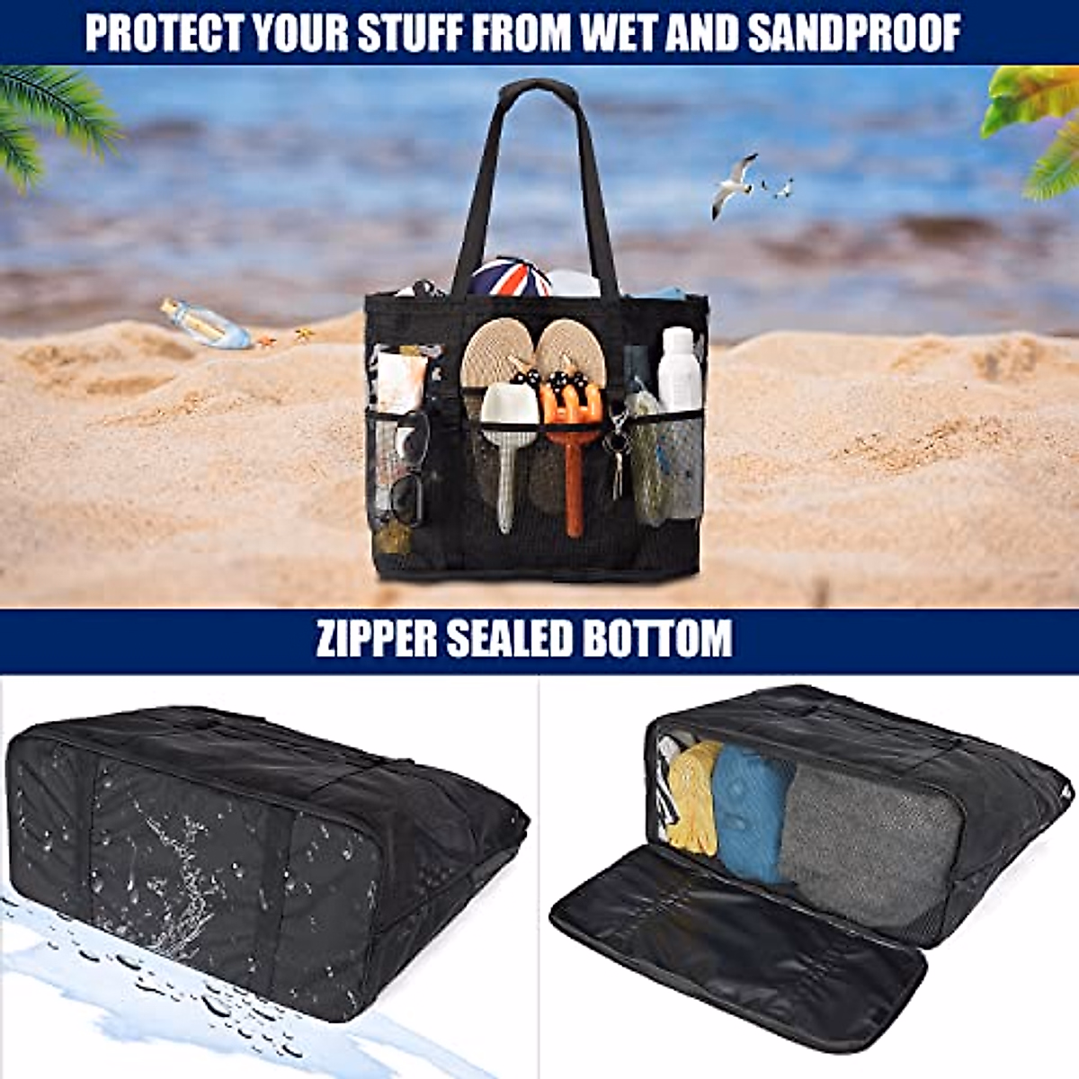 Beach Bag for Women Beach Tote Waterproof Sandproof Mesh Swim Pool Bag Large Foldable Travel Grocery Utility Bag Zipper, Black With Zipper, XL