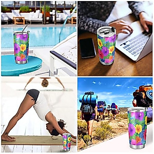HXshaoye Hawaiian style tropical flowers palm leaves bright neon colors Stainless Steel water bottle with straw with Straw Lid travel coffee mug with lid for camping portable mug 20 oz vaso térmico