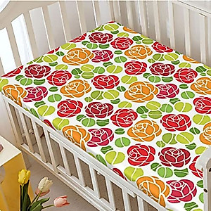 Rose Themed Fitted Mini Crib Sheets,Portable Mini Crib Sheets Ultra Soft Material-Baby Sheet for Boys Girls,24“ x38“,Multicolor