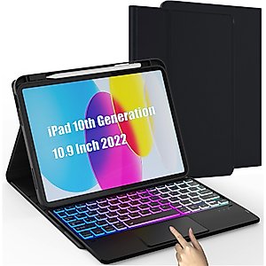 For iPad 10th Generation Case with Keyboard (10.9", 2022) - 3-Zone 7 Color Backlit Detachable Trackpad Tablet Keyboard Cover - iPad 10th 10.9 inch Touchpad Keyboard Case with Pencil Holder Black