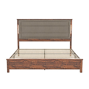 SAMTRA Wooden King Size Bed Frame with Upholstered Tall Headboard, Farmhouse Platform Bedframe with Led Lights & Charging Station, Sturdy Wood Slat Supports, Easy Assembly (Classic Brown)
