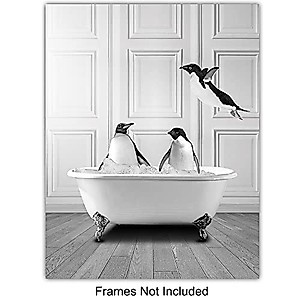 Funny Bathroom Decor for Women, Kids - Elephant, Bear, Giraffe, Penguin Wall Art - Bathroom Pictures - Bath Wall Decor - Cute Modern Bathroom Accessories - Cool Unique Bathroom Sign - Powder Room