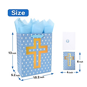 13" Large Blue Gift Bag Set with Greeting Card and Tissue Papers (Foil Cross Design), Tissue Paper for First Communions, Halloween, Christmas, Baby Boy Baptisms, Christenings, Religious