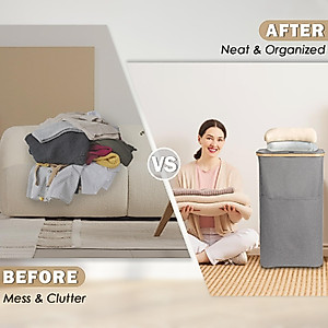 Guzon 100L Laundry Hamper with Lid, Clothes Hampers for Laundry with Bamboo Handles，Large Laundry Basket with Removable Inner Bags for Bedroom, Bathroom and Laundry Room, Dirty Clothes Basket, Grey