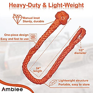 Amblee Synthetic Soft Shackle Recovery, 1/2 inch x 24 inch Recovery Rope Shackle (44,235 lbs Max Breaking Strength), Tow Shackles with Sleeves for ATV UTV SUV Trucks Sailing (2-Pack, Orange)
