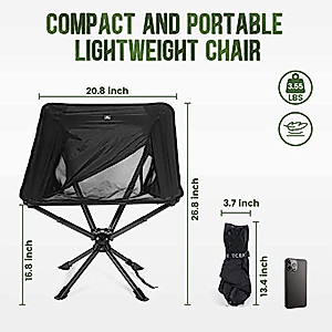 TCEK Swivel Portable Chair Camping Chairs - Small Compact Portable Chair for Adults That Setup in 8 Seconds, Lightweight Outdoor Folding Chair for Camping, Backpacking, Hiking, Beach, Support 300 LBS