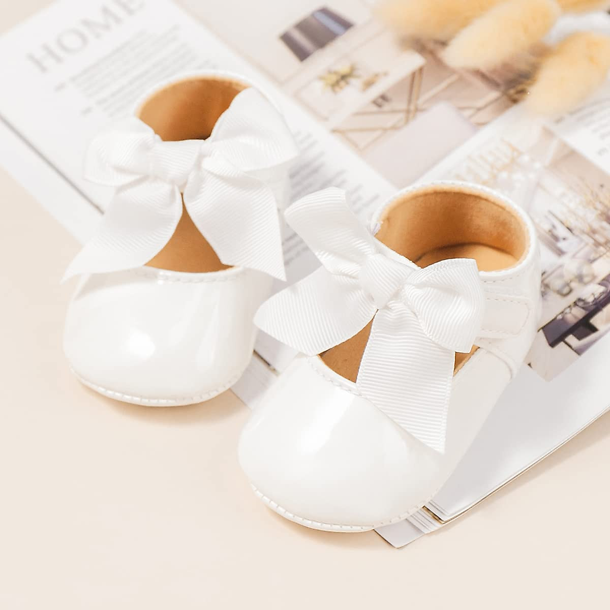 Babelvit Baby Girls Premium Bowknot Mary Jane Flats Wedding Princess Dress Baptism Shoes Rubber Sole PU Leather Infant Toddler First Walking Moccasins Crib Shoes