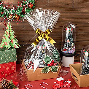 110 Pcs Large Empty Gift Basket DIY Basket for Gifts Empty Kit 30 Pcs 10 x 8.5 x 3.5 Inch Kraft Market Tray with Handle Fruit Cardboard Basket with 40 Bags 40 Gold Bows for Holiday Birthday Gift