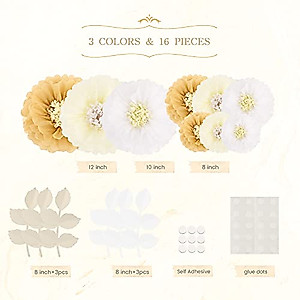 Fonder Mols Tissue Paper Chrysanth Flowers Paper Leaves DIY Crafting for Rustic Wedding Backdrop Baby Shower Nursery Decorations (Set of 15, Khaki Ivory White)