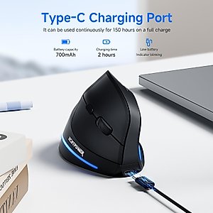 ECHTPower Wireless Bluetooth Mouse, Ergonomic Mouse with LED Light, Tri-Mode BT5.0+BT5.0+2.4GHz, Vertical Mouse Adjustable DPI 2400/1600/1000, Rechargeable Mice for PC, Laptop, Mac, Windows