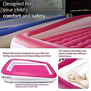 EnerPlex Kids Inflatable Travel Bed with High Speed Pump, Portable Air Mattress for Kids on The Go, Blow up Toddler Travel Bed with Sides – Built-in Safety Bumper - Pink
