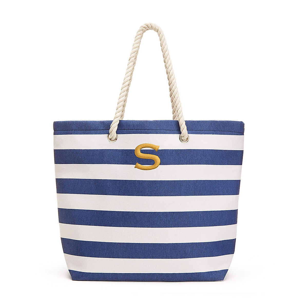 WEDDINGSTAR Personalized Extra-Large Cabana Stripe Canvas Fabric Tote Bag - Navy