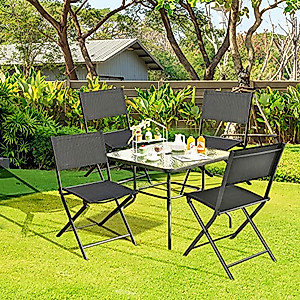 Tangkula Patio Folding Chairs Set of 4, Outdoor Portable Camping Chairs with Breathable Fabric Backrest & Seat, Heavy Duty Steel Dining Chairs Sling Chairs for Poolside, Yard, Garden, Deck, Lawn