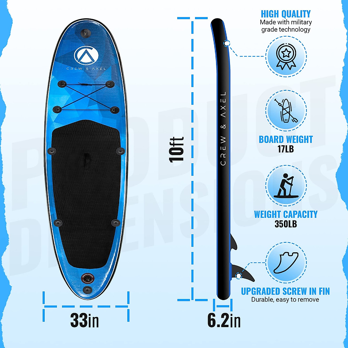 Inflatable Paddle Board SUP by Crew & Axel - 10FT 33" Wide (6.2” Thick) Stand up Paddleboard Set W/Backpack, 3 Fins, Floating Paddle, Light Weight (17lb), Drybag, Camera Mount, Rings Seat Blue