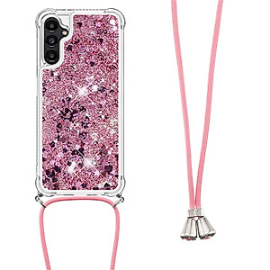Ephoou Glitter Case for Samsung Galaxy A14 with Adjustable Lanyard Neck Strap, Sparkle Transparent Quicksand Waterfall Soft TPU Liquid Cover for Samsung Galaxy A14 4G/ 5G LSGS-Rose Gold