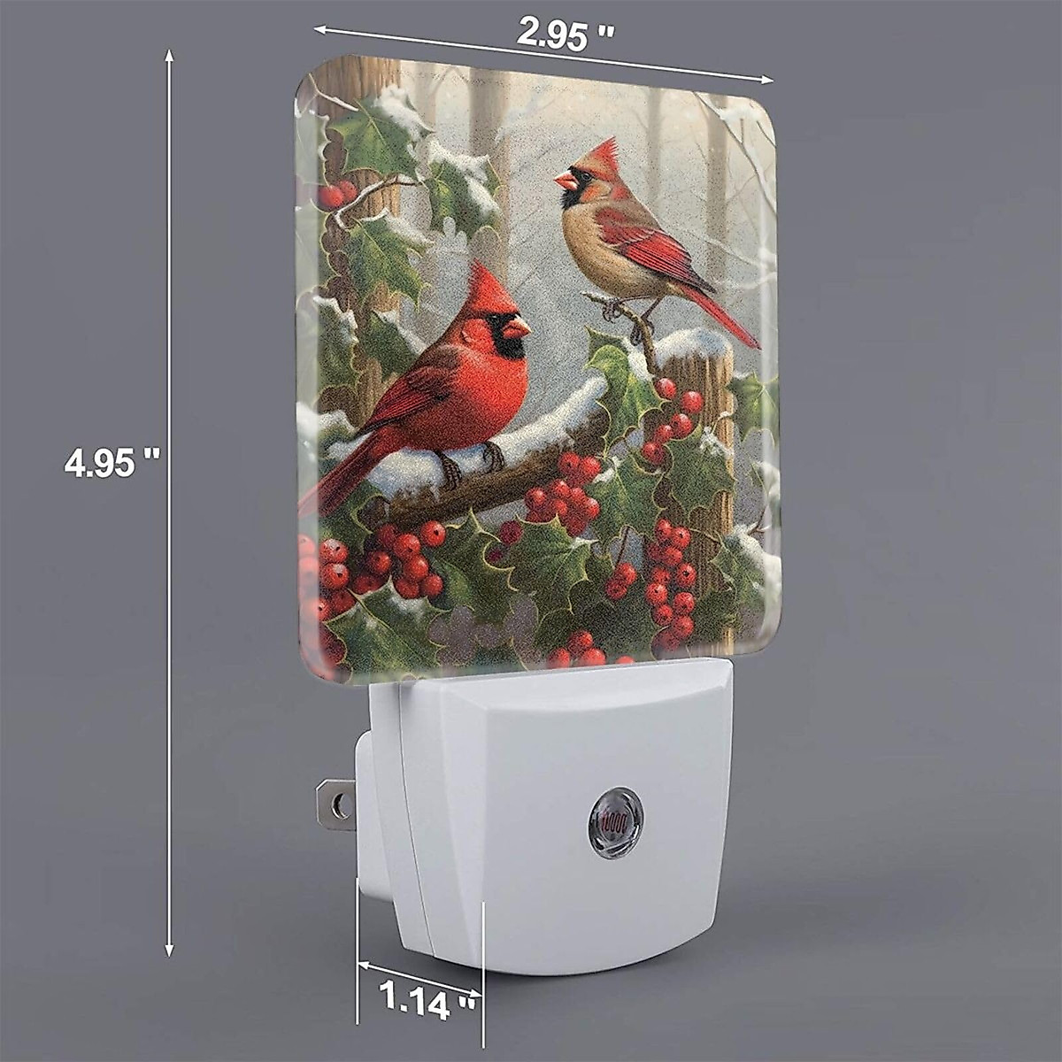 Christmas Red Birds Night Light Set of 2, Winter Snow Auto Sensor LED Dusk-to-Dawn Nightlights, Plug-in Sensor Lamp for Bedroom Bathroom Kitchen Hallway Stairs Decorative