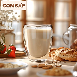 ComSaf Glass Coffee Mugs Set of 6, Double Wall Insulated Thermal Cups 12oz, Clear Glass Coffee Cup for Tea/Juice/Milk, Latte Cappucino Espresso mug Glassware Gift for Christmas Birthday