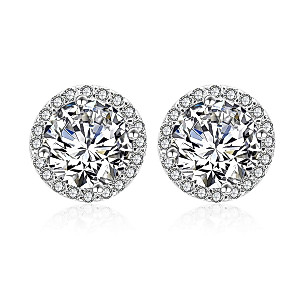 Silver Cubic Zirconia Stud Earrings - 925 Sterling Silver Crystal Round Diamond Rhinestone CZ Halo Studs Earrings for Women Men Everyday Earrings