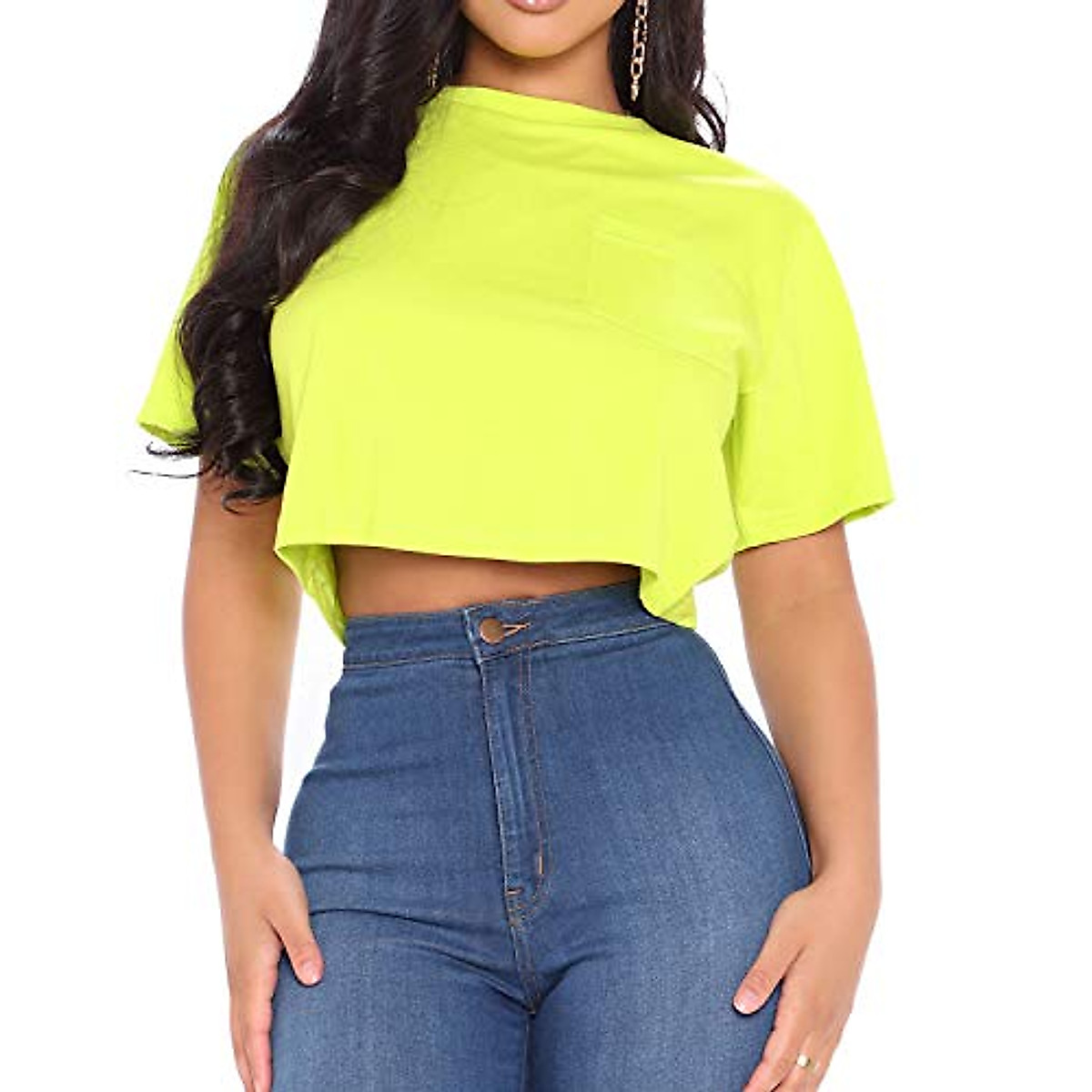 Artfish Women Short Sleeve Crewneck Comfy Loose Crop Top Teen T-Shirt Workout Neon Lime, S