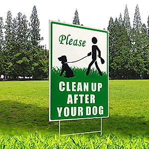 HISVISION Please Clean Up After Your Dog 2 Pack, 12" x 9" Yard Sign with Metal Wire H-Stakes, UVresistance, Waterproof, Non-Fading, Easy to Install No Pooping Dog Lawn Sign- Double Sided