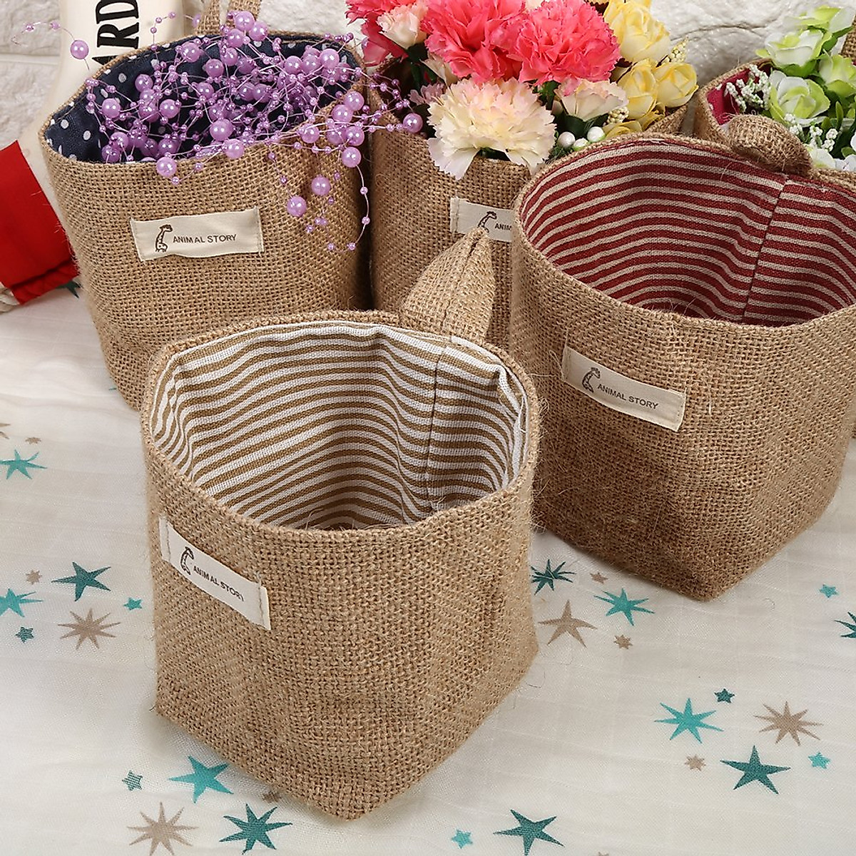 Fdit Cotton Linen Hamper Hanging Clothes Bag Home Gadget Storage Organizer Foldable Basket Bin (Khaki Stripe)