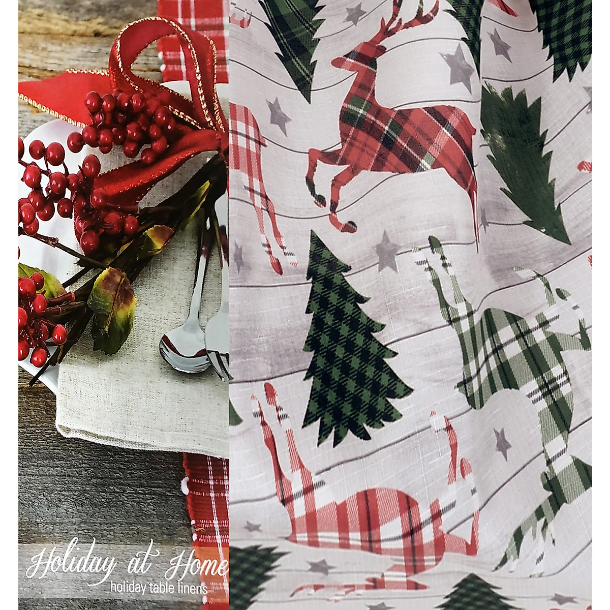 Newbridge Merry Reindeer Prance Country Rustic Christmas Fabric Tablecloth, Fun Cottage Reindeer and Xmas Tree Plaid Easy Care Holiday Tablecloth, 52” x 52” Square