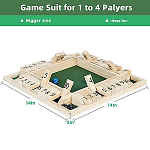 ApudArmis 4-Way Shut The Box 14 Inches, Large Wooden Board Game Set with Dice, Shut-The-Box for Kids & Adults - Learning Addition Classroom Home Party Pub
