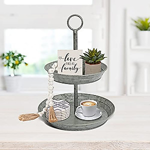 FLORA Farmhouse 2 Tiered Galvanized Serving Tray Stand with Carry Handle, Rustic Metal Display Tray for Cupcake Dessert Fruit, Silver