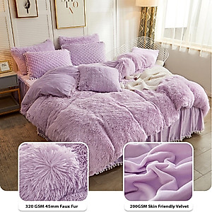 LIFEREVO Luxury Plush Shaggy Duvet Cover Set, Soft Velvet Fluffy Furry Duvet Cover Set(1 Lavender Faux Fur Fuzzy Comforter Cover+2 Pom Poms Pillow Shams)Bedding Set, Zipper Closure(Full/Queen, Orchid)
