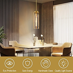 Untrammelife Modern Gold Pendant Light, Crackle Glass Shade Hanging Pendant Light Fixture 14" Single Brushed Brass Ceiling Chandelier for Kitchen Island,Dining Room,Bathroom, T10 LED Bulb Included