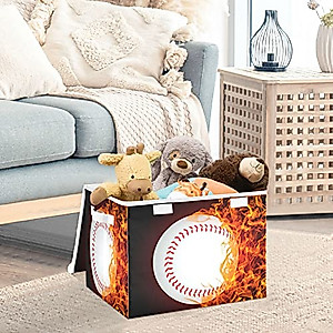 Kigai Fired Baseball Storage Basket with Lid,Collapsible Storage Box Fabric Storage Bin for Closet,Office,Bedroom,Nursery