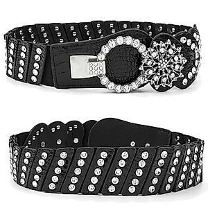 Vivilly Women's Rhinestone Belt Black Crystal Stretchy Retro Wide Waist Cinch Belt for Dress