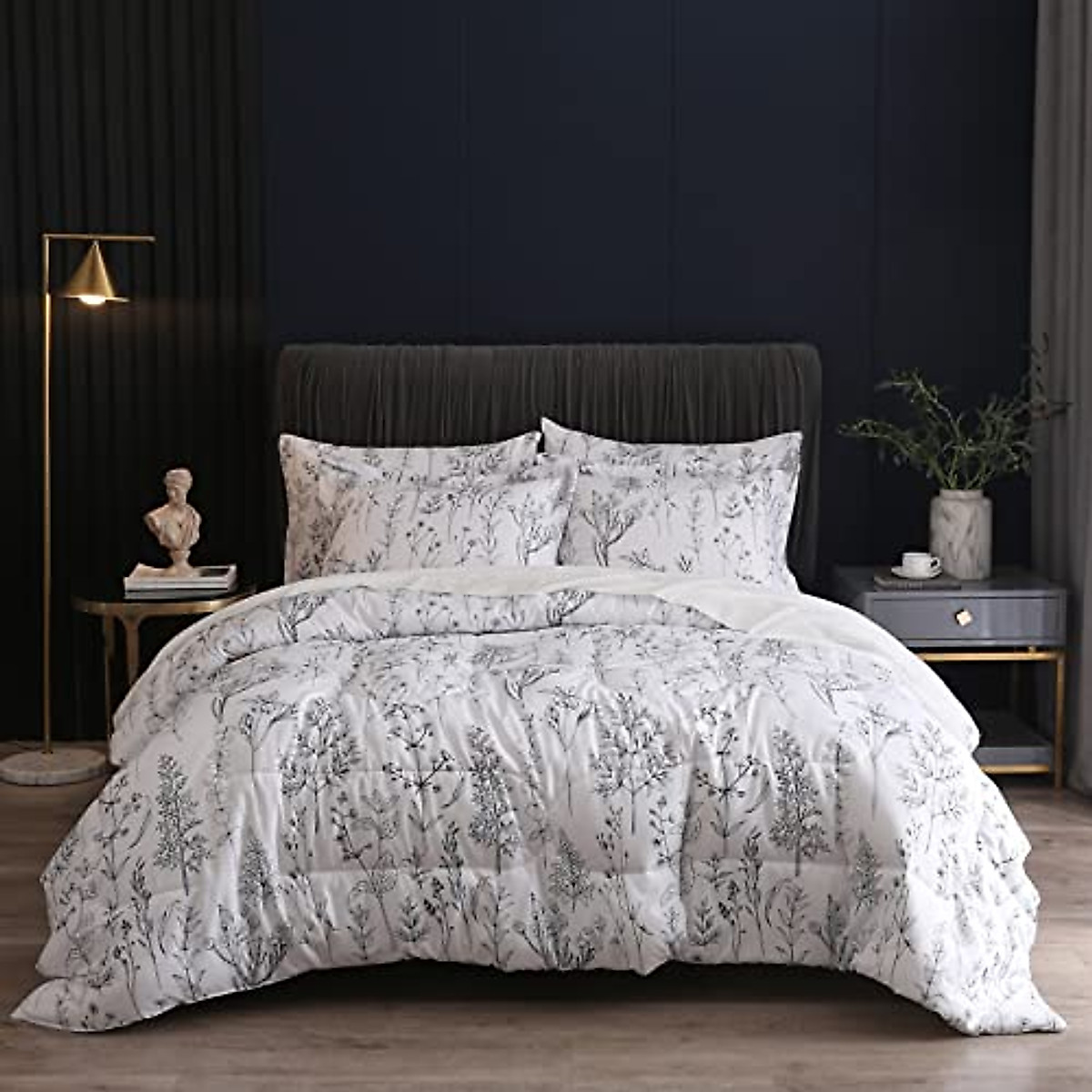 HYPREST Queen Bed in A Bag Comforter Set with Sheets, 7 Pieces White Floral Comforter Set Queen Soft Lightweight Breathable, Rustic Farmhouse Bedding Sets Queen All Season