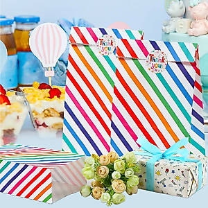 Vammy 24 Pieces Rainbow Party Favor Paper Bags, Food Safe Kraft Paper Gift Bags Sweet Candy Goodie Treat Bags with 24 Stickers for Birthday Party Wedding Christmas, 5.1 x 3.1 x 9.4 Inch