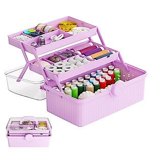 SuoXing 13'' Three-Layer Clear Plastic Storage Box/Tool Box, Multipurpose Organizer and Portable Handled Storage Case for Art Craft and Cosmetic (Purple)
