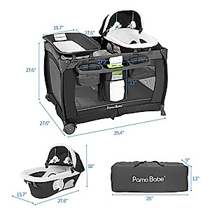 Pamo Babe Playard Deluxe Nursery Center, Foldable Playpen for Baby & Toddler, Bassinet, Mattress, Changing Table for Newborn (Grey)