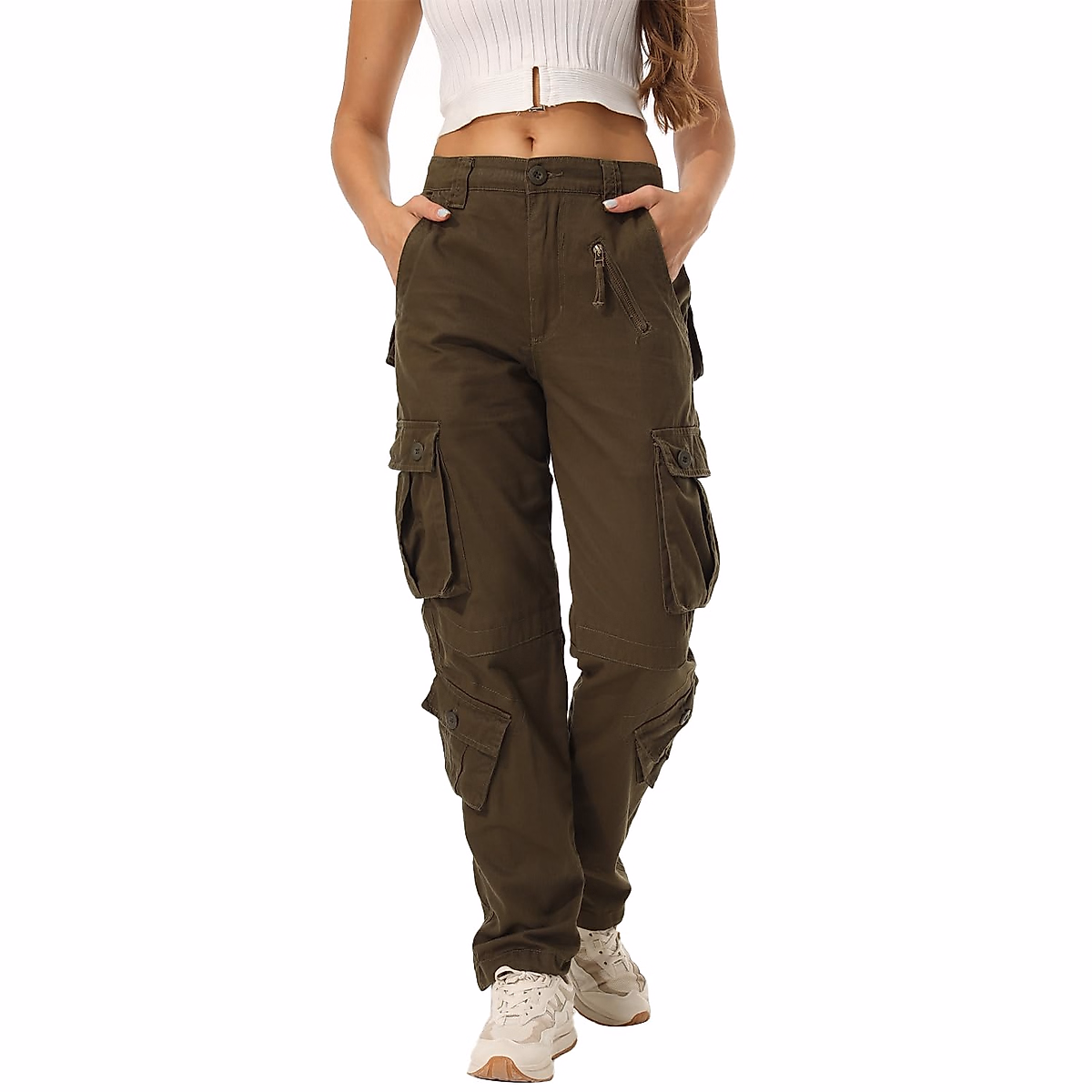 Raroauf Tall Girls Casual Pants for Women's Mid-Rise Cotton Work Cargo Pants Y2K Baggy Tactical Combat Trousers 8 Pockets Army Green Size 38/US 16