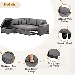 Bellemave Sectional Sleeper Sofa Pull Out Couch with Storage & USB Charging L Shaped Convertible Sofa Bed with Ottoman Pull Out Sofa Bed for Living Room Apartment, Dark Gray