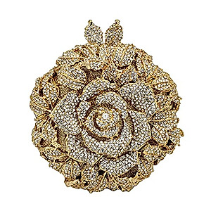 Boutique De FGG Round Shape Rose Flower Crystal Clutch Purses for Women Formal Evening Bags Wedding Party Handbags (Small,Gold&Silver)