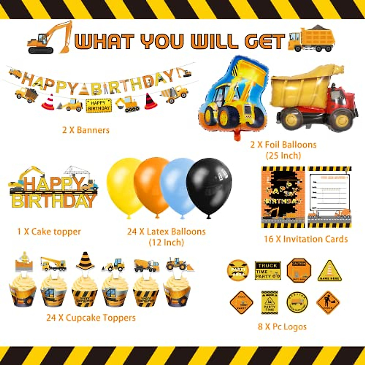 Construction Birthday Party Supplies, 207 Pcs Dump Truck Party Decoration For Boys Kids Birthday Party - Banner, Cake and Cupcake Toppers, Forks, Knives, Spoons, Straws, Plates, Balloons, Invitation Cards, Tablecloth, Party Signs, Cups, Napkins Serves 16