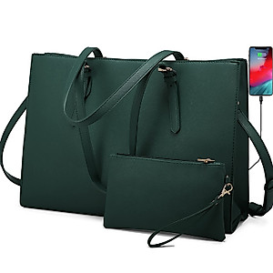 LOVEVOOK Laptop Bag for Women, Fashion Computer Tote Bag Large Capacity Handbag, Leather Shoulder Bag Purse Set, Professional Business Work Briefcase for Office Lady, 2PCs, 15.6-Inch, Deepgreen