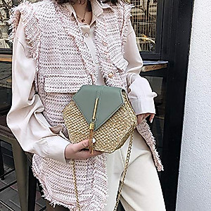 Straw Handbag Crossbody Bag Hexagon Straw+Leather Woven Beach Shoulder Bag