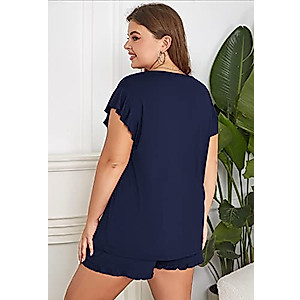 Celkuser Womens Plus Size Cute Short Pajama Set Ruffle Sleeve Button Sleepwear Soft PJs with Pocket CEL1002(cel1002,5XL,Navy)