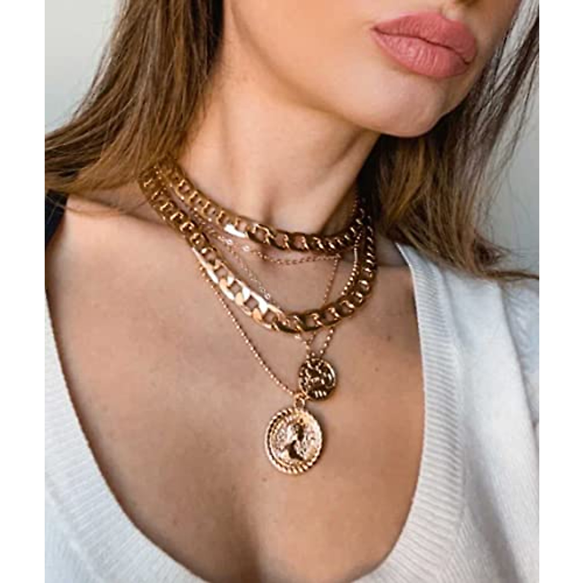 MJartoria Gold Layered Necklaces for Women Trendy Retro Coin Pendant Necklace Dainty Chunky Chain Choker Necklaces for Jewelry Birthday Gifts (Gold, A-Retro Coin-5 in 1 Layered)