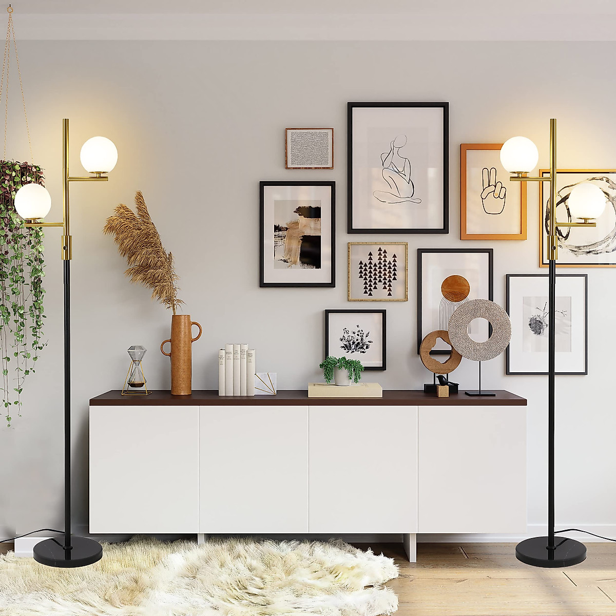 Asmymhd Dimming Floor Lamp with 2 Sphere Frosted Glass Globes,Mid Century Gold and Black Standing Lamp for Living Room, Bedroom, Office. (Black+Gold)