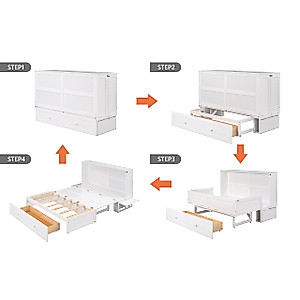 CJLMN Modern Queen Size Murphy Bed with Storage Drawer and Little Shelves on Each Side,Solid Wood Foldable Platform Bed Frame can Convert to Cabinet,Space Saving Design