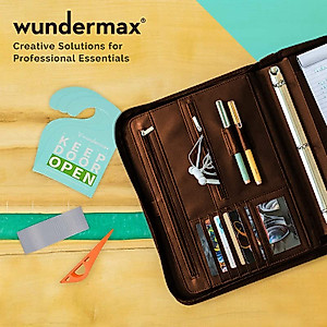 Wundermax 13x10.7x1.9in Vegan Leather Padfolio for Men/Women with Handle, Zipper, Notepad, Detachable Binder, Tablet Pocket - Brown