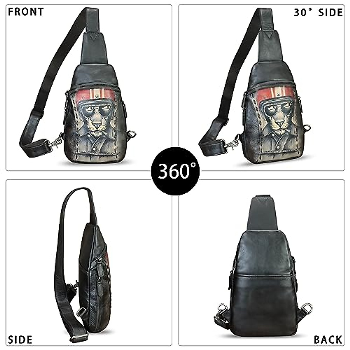Genuine Leather Sling Bag Hand Painted Crossbody Backpack Retro Handmade Chest Shoulder Daypack Fanny Pack Purse (Pattern3)