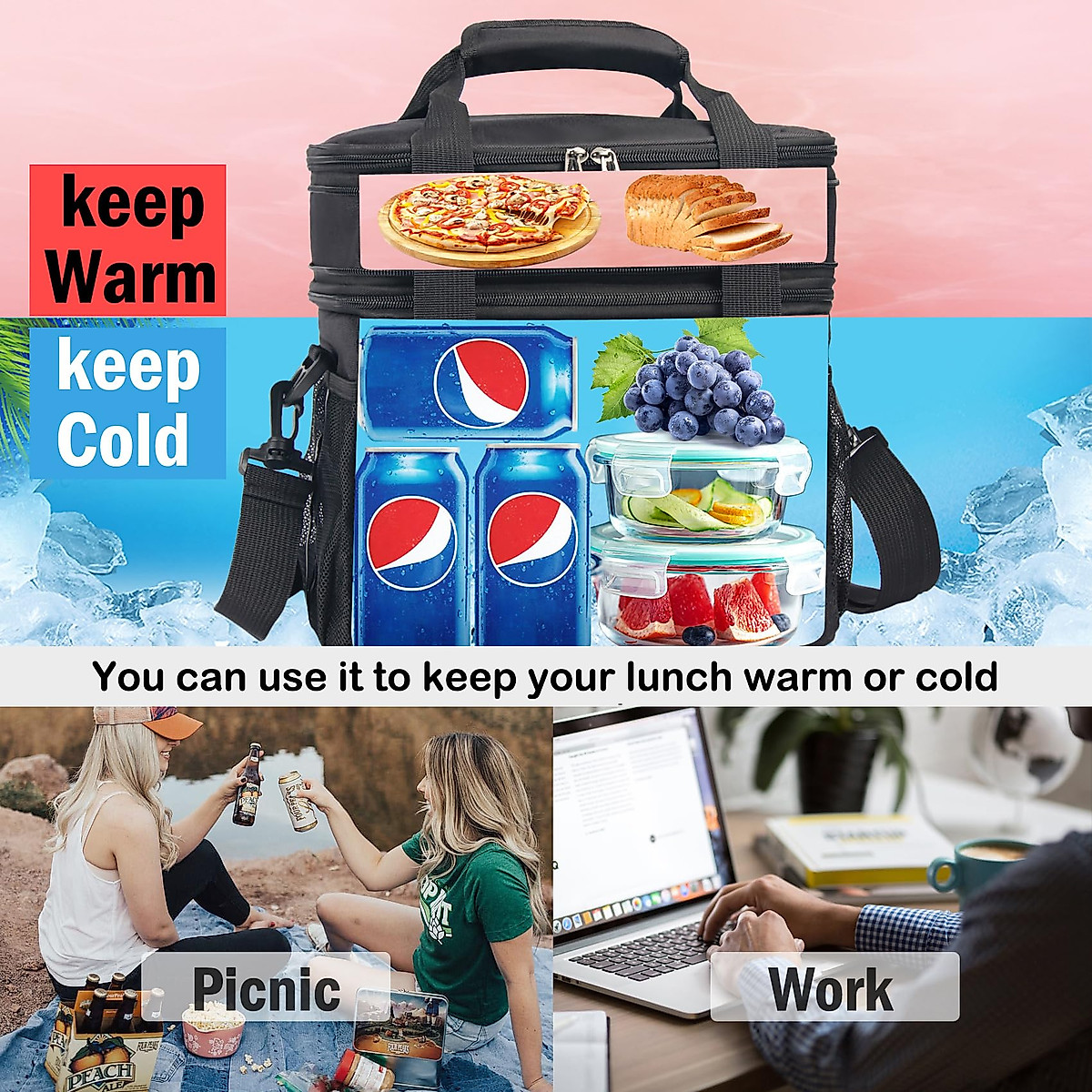JOINGO Lunch Box For Men/Women,Large Double-layer Insulated Expandable Reusable Leakproof Cooler Bags For Adults,Lunch Box With Adjustable Shoulder Strap For Office Travel Picnic（Black）