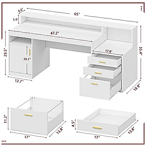 TVU 65" Computer Desk with 3 Drawer & Storage Shelves, Home Office Desk with File Drawer Cabinet, Executive Desk with Long Monitor Stand & Printer Shelf, White